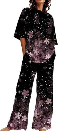 Generic Pyjama Ete Femme XXL Short Dentelle Sexy Femme Tenues D Été pour Femmes Ensemble 2 Coton Et Lin T-Shirt Surdimensionné Pantalon à Jambe Droite Short P