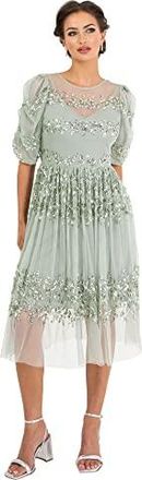 Maya Womens Midi Ladies Sequin Embellished Short Sleeve Dress for Wedding Guest Bridesmaid Prom Ball Evening Occasion Robe, Green Lily, 40 Femme