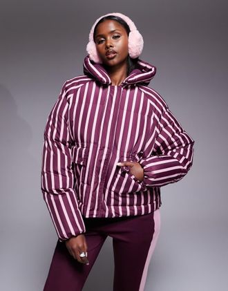 Threadbare Doudoune de ski à rayures avec capuche - Bordeaux et rose-Rouge