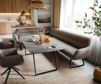 DELIFE Esszimmerbank Taya-Flex 285x190 cm Mikrofaser Taupe Vintage Kufengestell flach Schwarz Taschenfederkern Rechts, Eckb&auml;nke