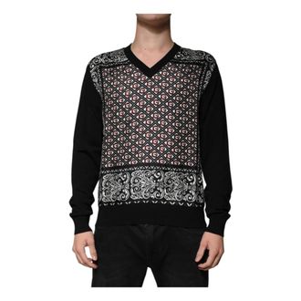 Dolce & Gabbana Schwarzer Woll V-Ausschnitt Logo Pullover - - Knitwear - Herren - Schwarzk - M