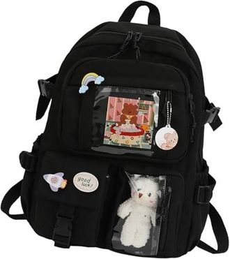 Generic Sac &agrave; dos | Sacs &agrave; dos avec pendentif, sacs &agrave; dos scolaires pour filles - Noir/rose/blanc cr&egrave;me/vert Sacs &agrave; dos scolaires pour filles avec jolie broch