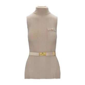 Elisabetta Franchi Gerippter &auml;rmelloser Rollkragenpullover mit G&uuml;rtel - - Knitwear - Damen - Beige - XL