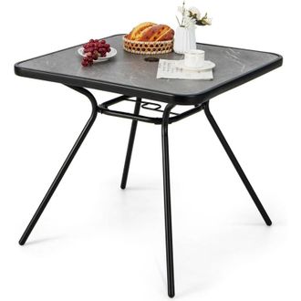 Costway Table de Jardin en M&eacute;tal 80 x 80 cm, Table dAppoint avec Trou pour Parasol 42 mm, Plateau en pvc R&eacute;sistant aux Intemp&eacute;ries Faux Marbre, Table
