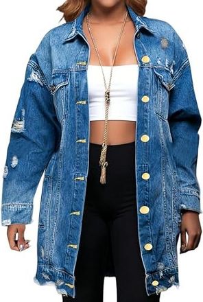 Generic Veste en jean d&eacute;chir&eacute; pour femme, v&ecirc;tement dext&eacute;rieur d&eacute;contract&eacute; &agrave; coupe ample pour le printemps et lautomne, noir fonc&eacute;, XXL