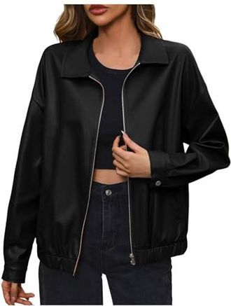 Generic Veste de costume en cuir PU avec fermeture éclair pour femme avec boutons, Noir, L