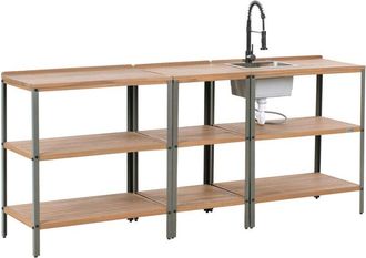 Beliani Outdoor-K&uuml;che 3er Set mit Sp&uuml;le IVREA zertifiziertes Akazienholz Braun / Schwarz