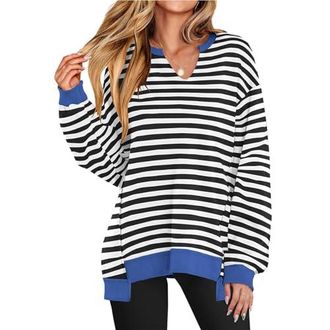 Generic Chandail &agrave; col en V, sweat-shirt surdimensionn&eacute; pour femme, tunique &agrave; manches longues &agrave; assortir avec des leggings, noir/blanc, XXL
