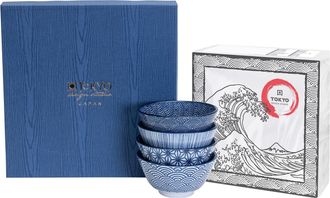 Tokyo Design Studio Nippon Blue 4-er Schalen-Set blau-weiß, Ø 12 cm, ca. 300 ml, asiatisches Porzellan, Japanisches Design mit geometrischen Mustern, inkl. Geschenk-Verpa