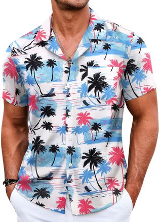 Coofandy Hawaii Hemd M&auml;nner Kurzarmhemd Sommerhemd Blumen Shirt Strandhemd Urlaubshemd Freizeithemden f&uuml;r Herren Wei&szlig; Kokospalme 3XL