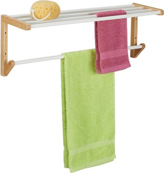 Relaxdays Handtuchhalter für die Wand, HBT: 25x70x20 cm, 4 Handtuchstangen, Duschtuchhalter fürs Bad, Bambus, Natur/weiß