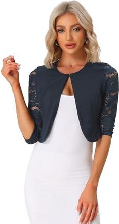 Allegra K Cardigan boléro à Manches Longues en Dentelle Florale pour Femme, Ouvert sur Le Devant, pour Le bureauBleu foncé M