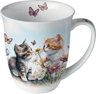Ambiente Teetasse Kaffeetasse Becher Mug 0,4l Katzen in Blumenwiese Tasse Fine Bone China Porzellan