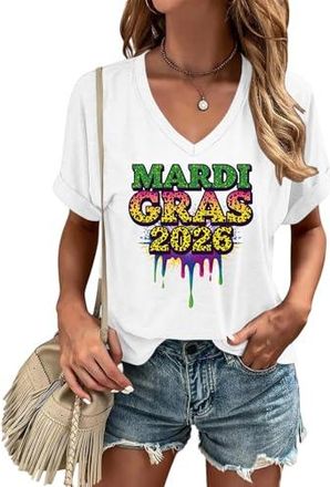 Generic T-shirt Mardi Gras pour femme, col en V - T-shirt d&eacute;contract&eacute; &agrave; manches courtes pour carnaval, v&ecirc;tements d&eacute;t&eacute; - pour les loisirs et les voyages, blanc