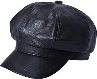 ZLYC Casquette Newsboy en cuir synthétique pour femme Gatsby Cabbie pour filles, Noir, taille unique