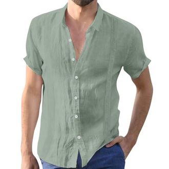Generic Chemise en lin pour hommes &agrave; manches courtes : chemise d&eacute;contract&eacute;e boutonn&eacute;e chemise d&eacute;t&eacute; avec col rabattu T-shirts l&eacute;gers cardigan overshirt respira