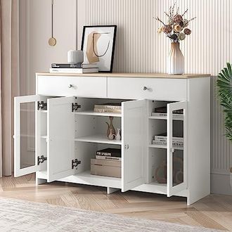 Furniture R Sideboard mit weißer Holzmaserung, Vier Türen, mit Zwei Schubladen, Tür mit Glas. Wohnzimmer, Esszimmer. Holzfarbe und Weiß
