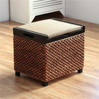 Generic Handgefertigter Ottoman-Hocker Mit Stauraum Aus Rattan, Fußstütze Aus Massivholzrahmen Mit 45 L Fassungsvermögen - Ideale Schuhbank for Eingangsbereic