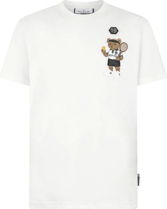 Philipp Plein Homme, Tops, Blanc, Taille: 2XL T-Shirt Col Rond Patch Teddy Tennis