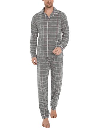 iClosam Herren Pyjama Lang Schlafanzug Langarm mit Knopfleiste Baumwolle Herrenschlafanzug Winter Kariert M&auml;nner Loungewear Nachtw&auml;sche V-Ausschnitt Loungewea