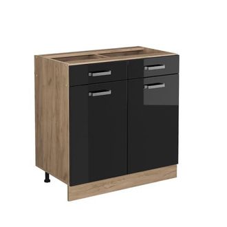 Vicco Meuble Cuisine R-Line, Noir Haute Brillance/Ch&ecirc;ne de Force dor&eacute;, 80 cm sans Plan de Travail
