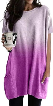 Generic Longshirt Damen Kurzarm mit Tasche - Tshirt Damen Oversize,Longtops Damen Lang Sommer T Shirt Oberteile Tunika Große Größen Rundhals Locker Lässig T-S