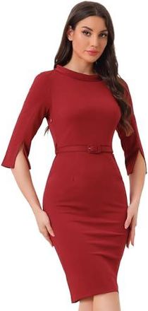 Allegra K Robe Fourreau de Bureau Femme Manches 3/4 Fendues Col Montant Robe Crayon Ceintur&eacute;e Robe de Business &Eacute;l&eacute;gante Rouge Fonc&eacute; XS