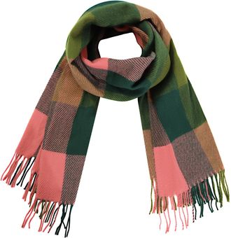 Glamexx24 Schal Damen Winter Kariert Schal, Strickset Schal &uuml;bergro&szlig;er Quadratisch Deckenschal Halstuch Streifen Muster Fransen Ponch, Gruen-Rosa