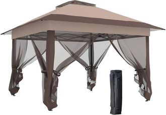 OUTSUNNY Tonnelle barnum de jardin pop-up pliant 3,64L x 3,64l x 2,98H m acier polyester moustiquaires + sac de transport &agrave; roulettes beige marron