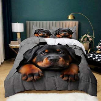 Generic Bettw&auml;sche 200 x 200 cm Tier Rottweiler, Weiche Microfaser Schwarz Bettw&auml;sche Set 3 teilig mit 2 Kopfkissenbezug & Rei&szlig;verschluss f&uuml;r Kinder Jungen M&auml;