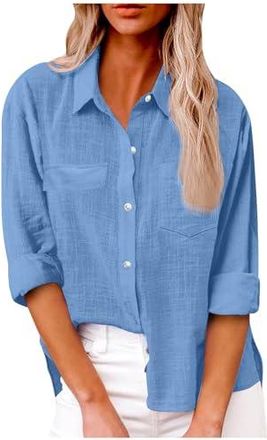 Generic Chemise en lin &agrave; manches longues pour femme 2026 tendance en coton et lin avec col en V, t-shirt ample d&eacute;contract&eacute; pour sortir, v&ecirc;tements avec poches,
