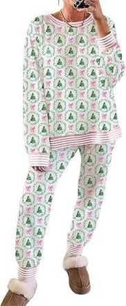 Generic Ensemble de pyjama motif sapins de Noël et noeuds pour femmes, pyjama de Noël décontracté et mignon, vêtement de fête, pyjama de Noël pour femmes, Ver