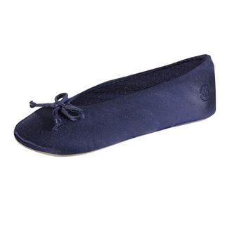Isotoner Chaussons ballerines en satin avec noeud doux et semelle en daim pour femme, bleu marine, 6.5-7.5