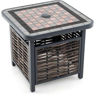 Costway Table de Jardin Carr&eacute;e Plateau en R&eacute;sine 55 cm, Table Basse de Patio en Rotin pe avec Trou pour Parasol Cadre en M&eacute;tal, Table &agrave; Manger dExt&eacute;rieur