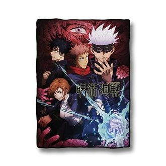 Just Funky Jujutsu Kaisen Couverture polaire | 114,3 x 152,4 cm | Avec Yuji, Megumi, Nobara et Satoru Gojo | Couverture super douce | Sous licence officielle