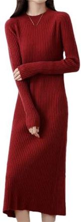 Generic Robe pull longue ray&eacute;e en laine &agrave; col rond pour femme, Rouge, L
