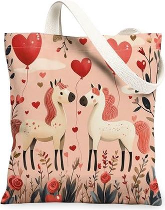 Generic Sac fourre-tout en toile motif lion de Saint-Valentin pour faire du shopping 33 x 38,1 cm, sac d&eacute;picerie r&eacute;utilisable pour enfants, motif animal migno