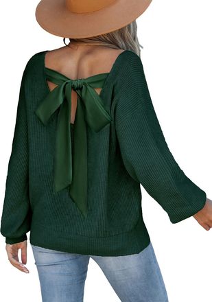 Cupshe Damen Strickpullover V-Ausschnitt Langarm mit Schleife Rückenfrei Lässiger Feinstrick Pulli für Herbst/Winter 2024 Grün XL