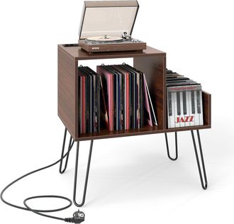 Giantex Plattenspielerst&auml;nder, 66 x 45 x 67 cm, Beistelltisch mit integrierter Ladestation, Vinylaufbewahrungsregal mit Metallbeinen, Schrank f&uuml;r Schlafzimmer