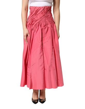 Dolce & Gabbana Womens Pink Silk Pleated High Waist Midi Skirt