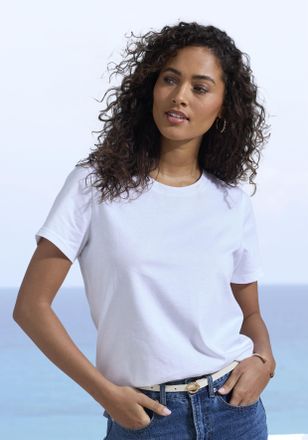 Beach Time T-Shirt BEACHTIME mit modischem Schlitz am Saum, Damen, Gr. 32/34, wei&szlig;, Single Jersey, Obermaterial: 100% Baumwolle, unifarben, Basic, figurumspielen