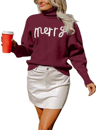 KOJOOIN Strickpullover Damen Winter Casual Langarm Elegant Rollkragenpullover Stricken Pulli Sweatshirt Weihnachtspullover Merry Christmas Weinrot XXL