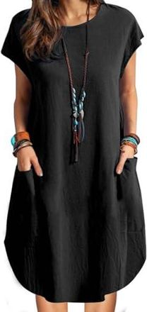 Zanzea Robe dété décontractée en lin pour femme - Col rond - Manches courtes - Longueur genou - Mini robe légère, Noir, XXL