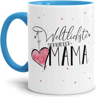 Tassendruck Tasse mit Spruch für die Weltliebste Schwiegermama - Kaffeetasse/Familie/Geschenk-Idee/Mug/Cup/Innen & Henkel Hellblau
