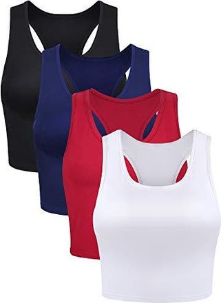 Boao 4 Pièces Crop Tank Tops Basiques Débardeur Racerback sans Manches Débardeur de Sport en Coton pour Femmes (Noir, Blanc, Rouge Vin, Bleu Marine, Large)