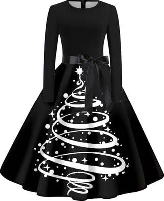 Generic A Line Robe de No&euml;l &agrave; manches longues avec fermeture &eacute;clair &agrave; la taille et col rond pour femme, Noir, XXL