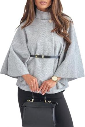 Minetom Poncho Femme Cape El&eacute;gante Automne Hiver Ch&acirc;le Couleur Unie Bouton Manteau avec Ceinture A Gris M