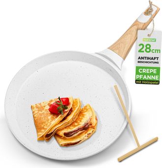 Nutrichef Crepe Pfanne 28 cm Wei&szlig;- Antihaft & Marmorbeschichtet Mit Holzspatel, Induktionsgeeignet & sp&uuml;lmaschinenfest F&uuml;r Cr&ecirc;pes, Dosas & Pfannkuchen