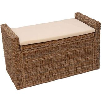 Hhg Banc coffre de rangement M92 en rotin avec coussin 88cm, gris cubu