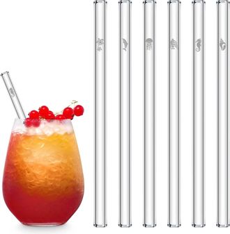 Halm Glas-Strohhalme - Sea Life Edition - Besonderes Geschenk - 6 Stück gerade 15 cm kurz mit Gravur - Wiederverwendbare Glas-Trinkhalme graviert - Glasstr